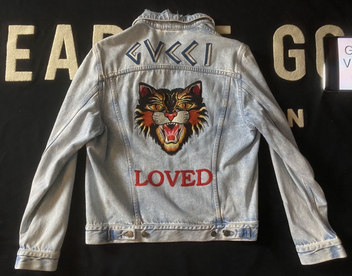 Gucci Gucci angry cat love logo embroidered denim jacket | Grailed