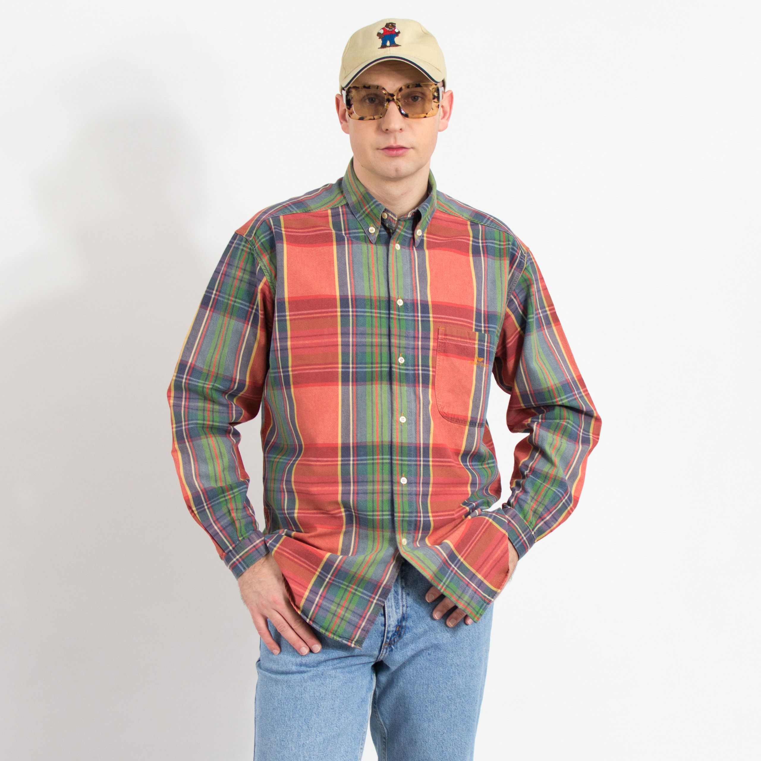 Armani × Vintage Armani denim shirt in multi color plaid pattern | Grailed