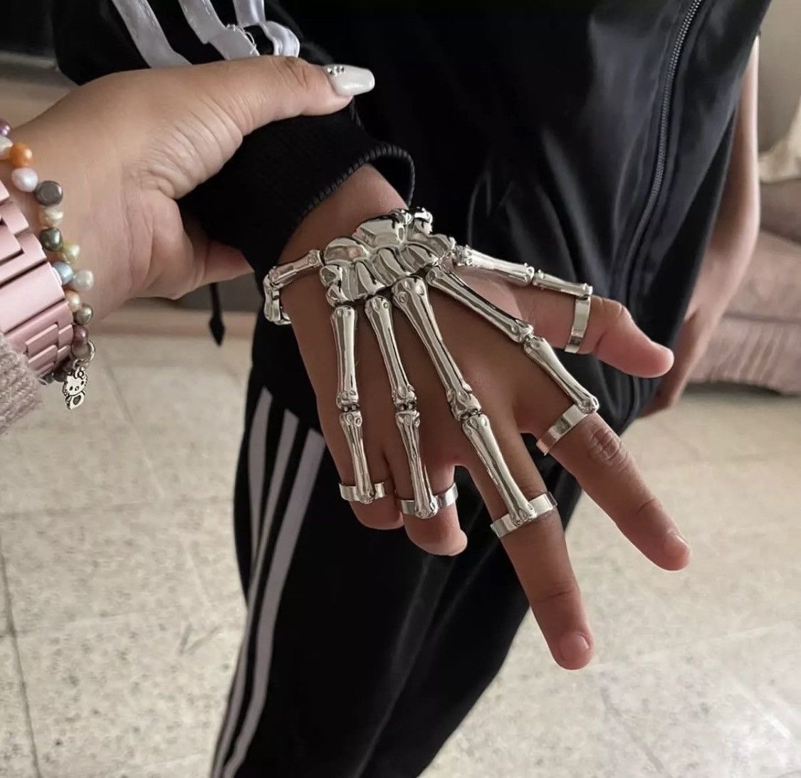 Vintage Skeleton Ring Hand Bracelet Bones Goth Human Jewelry Chrome ...