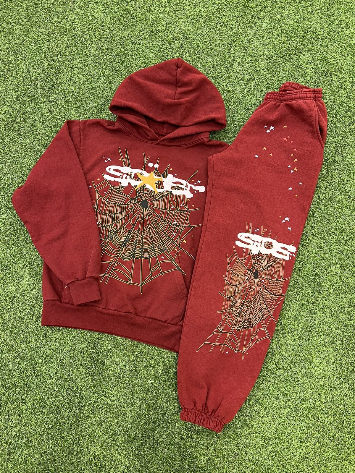 Sp5der Sp5der spider sweatsuit maroon hoodie + pants bundle small | Grailed