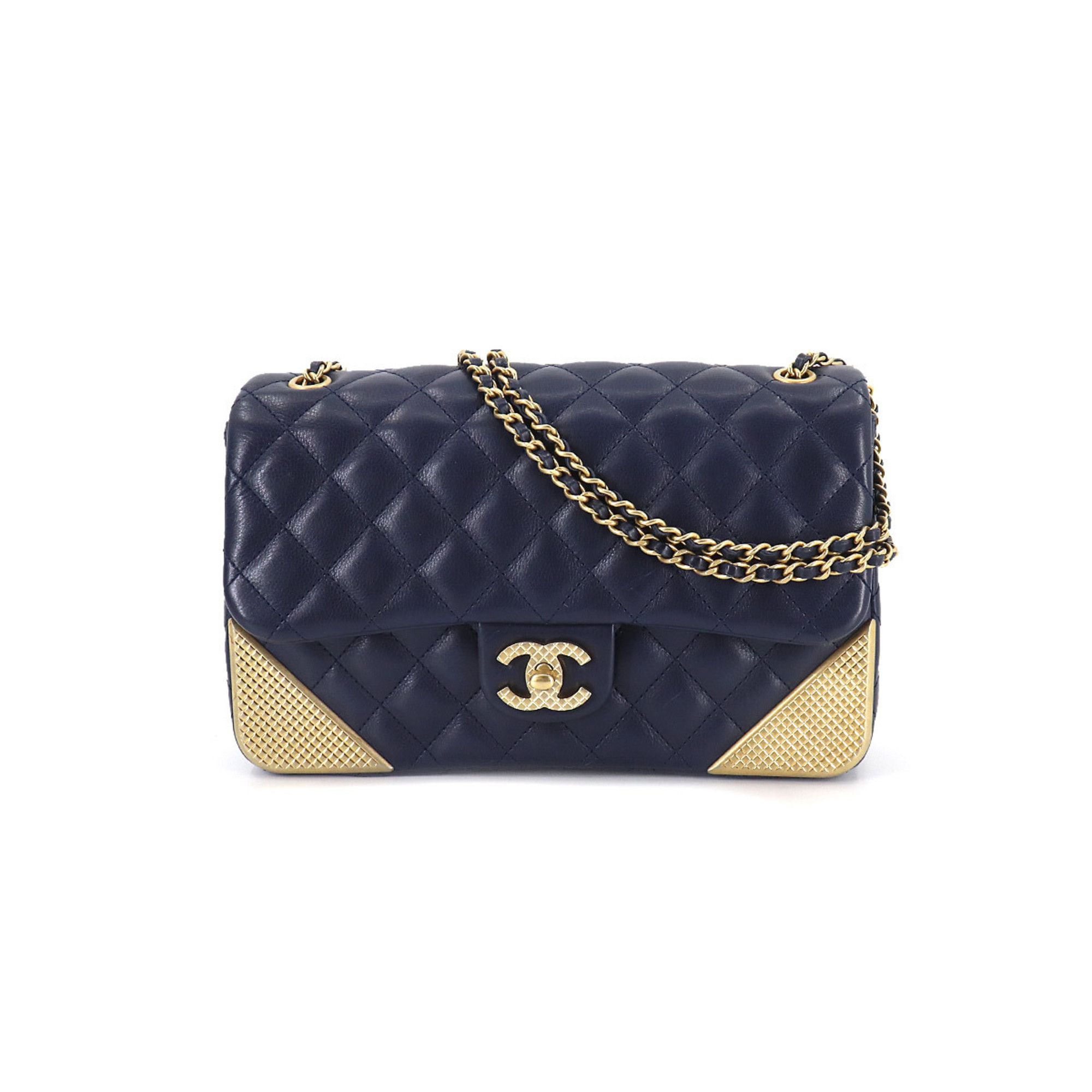 Chanel Chanel matelasse chain shoulder bag leather navy gold plate ...