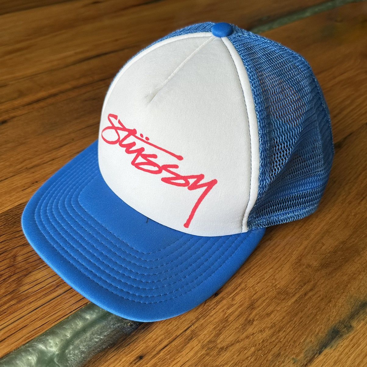 Stussy Stussy Capz Blue/Pink Script Logo Adjustable Trucker Hat | Grailed