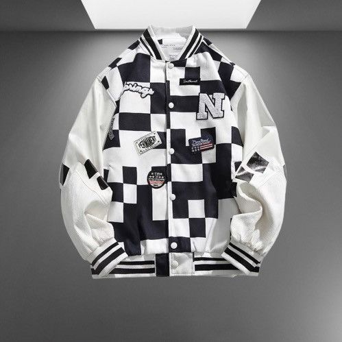 Varsity Black White Checkered Varsity Jacket Bomber Jacket | Grailed