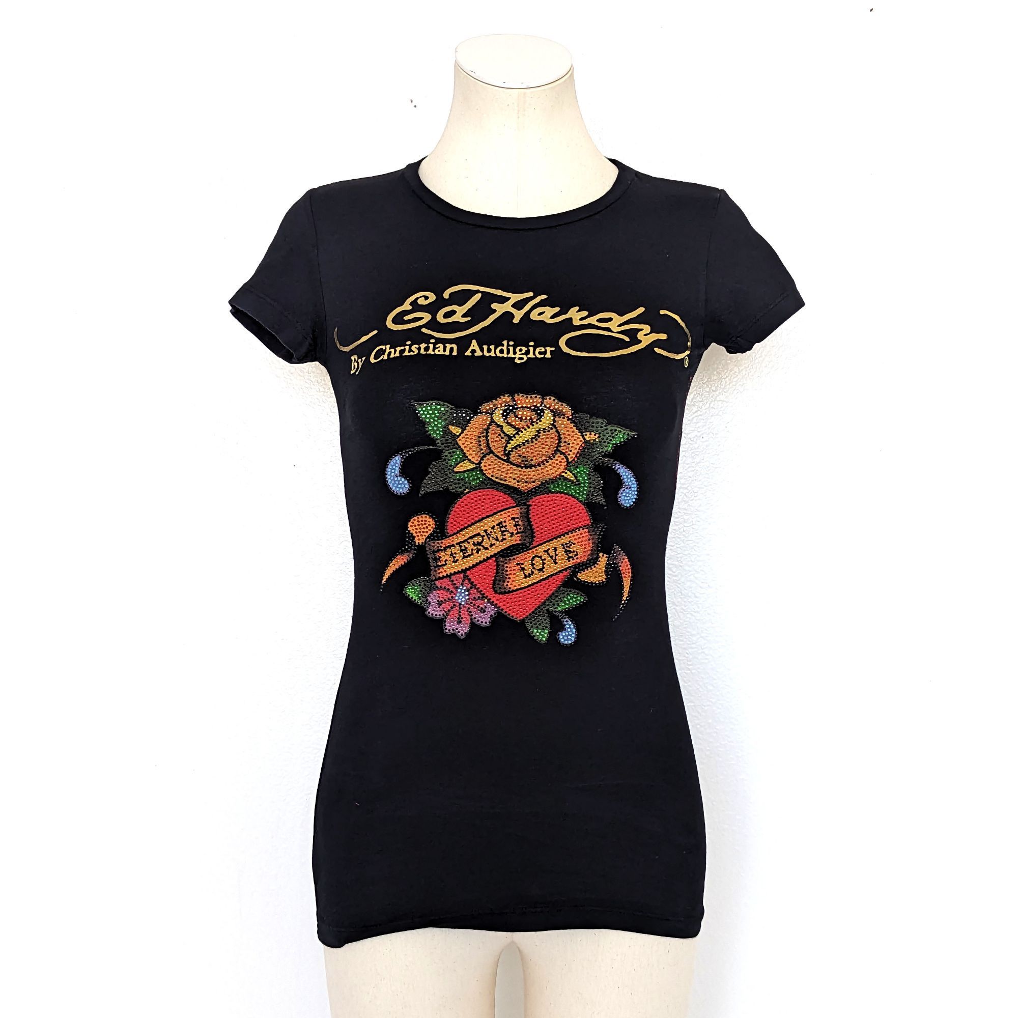 Ed Hardy Vintage Ed Hardy Black Eternal Love Rose Rhinestones T-Shirt ...