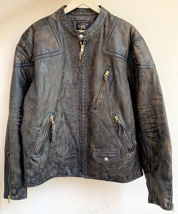 Polo Ralph Lauren Double RL Moto Leather Jacket Cafe Racer Brown Biker ...