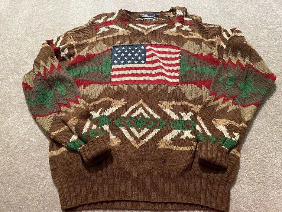 Polo Ralph Lauren Vintage Polo Ralph Lauren Aztec Sweater Flag Sweater XL | Grailed