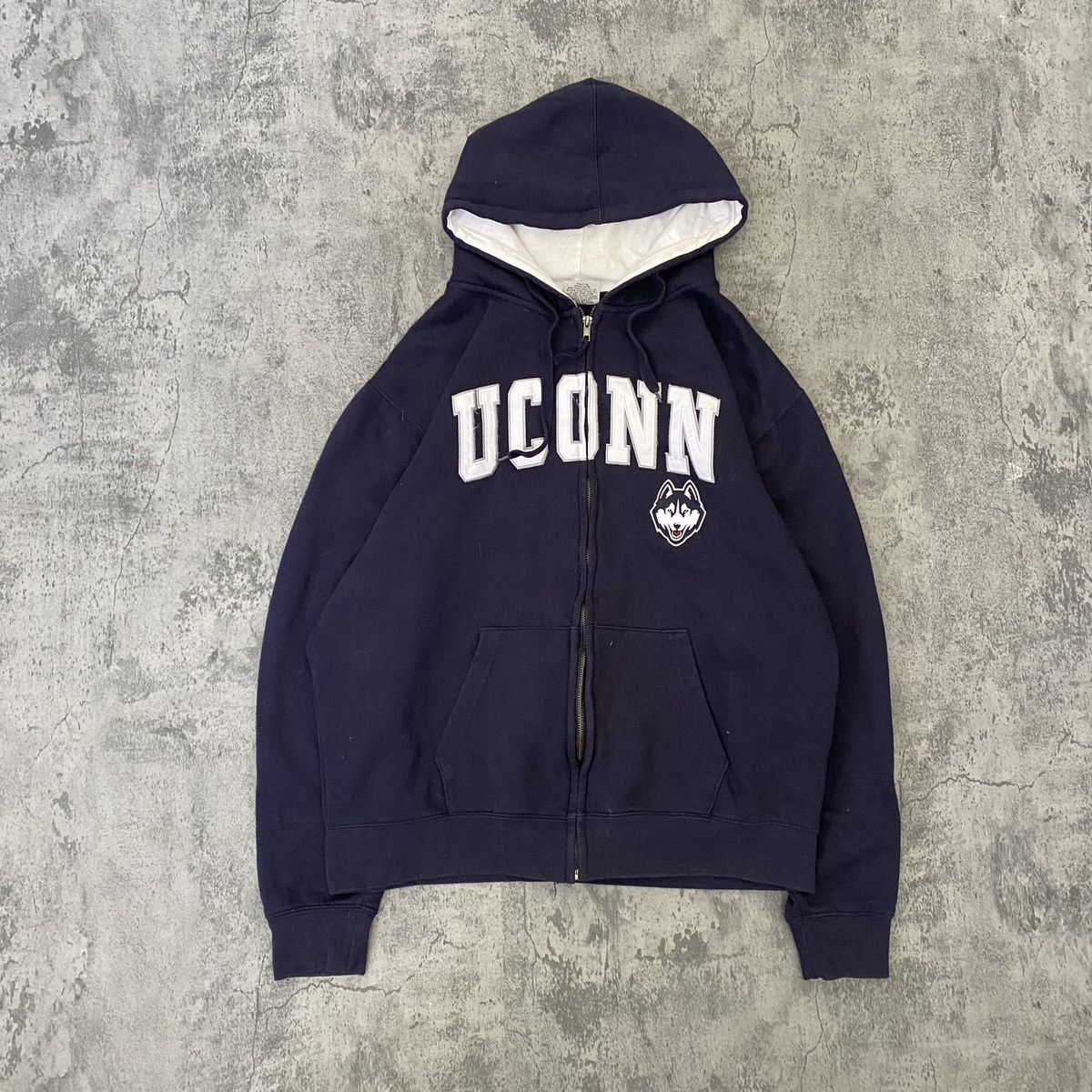 Vintage Vintage 90s UConn Arc Logo Navy Blue Crop Faded Hoodie | Grailed