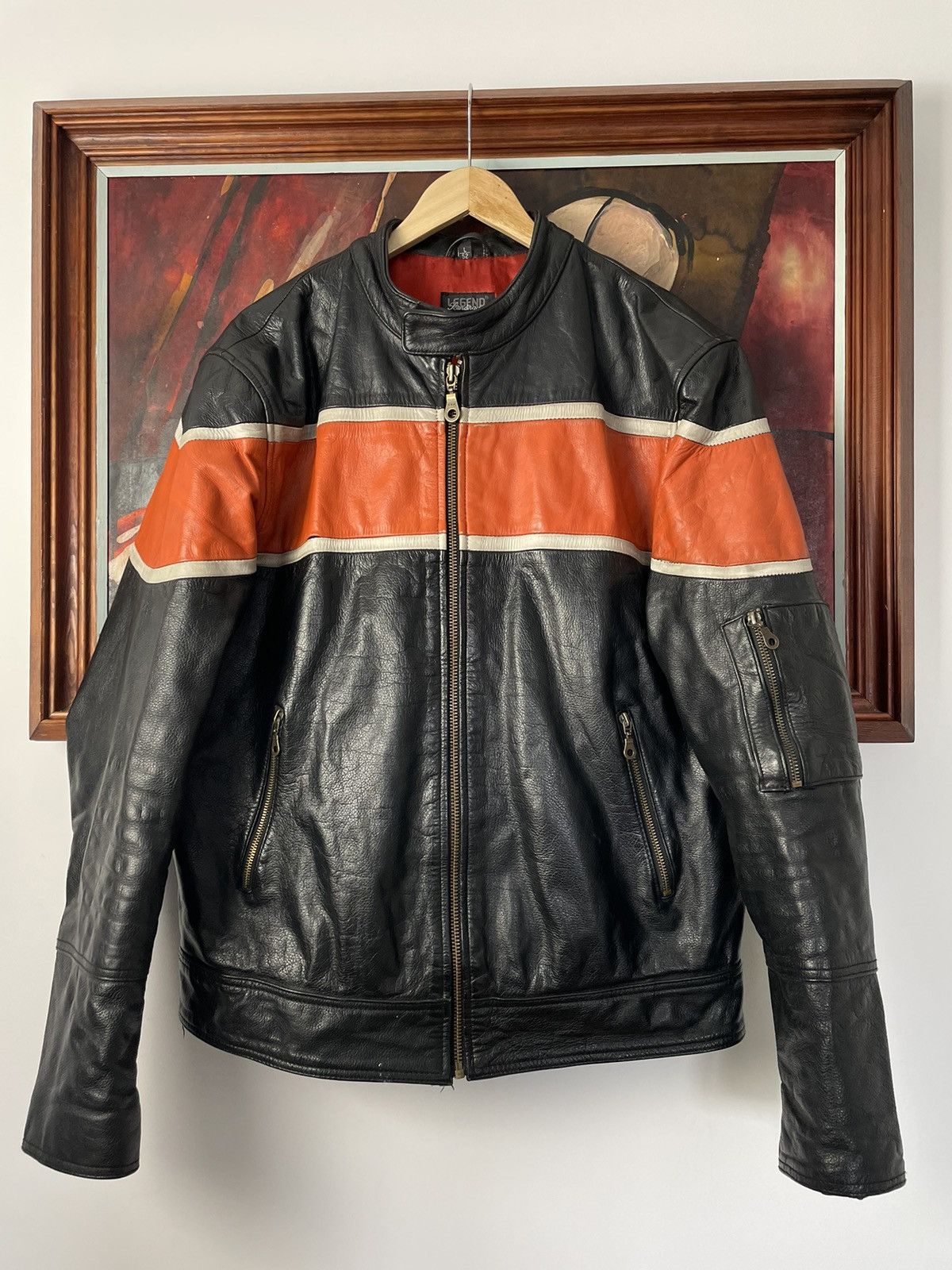 Vintage Vintage Leather Racing Jacket Hype Streetwear Black Orange ...