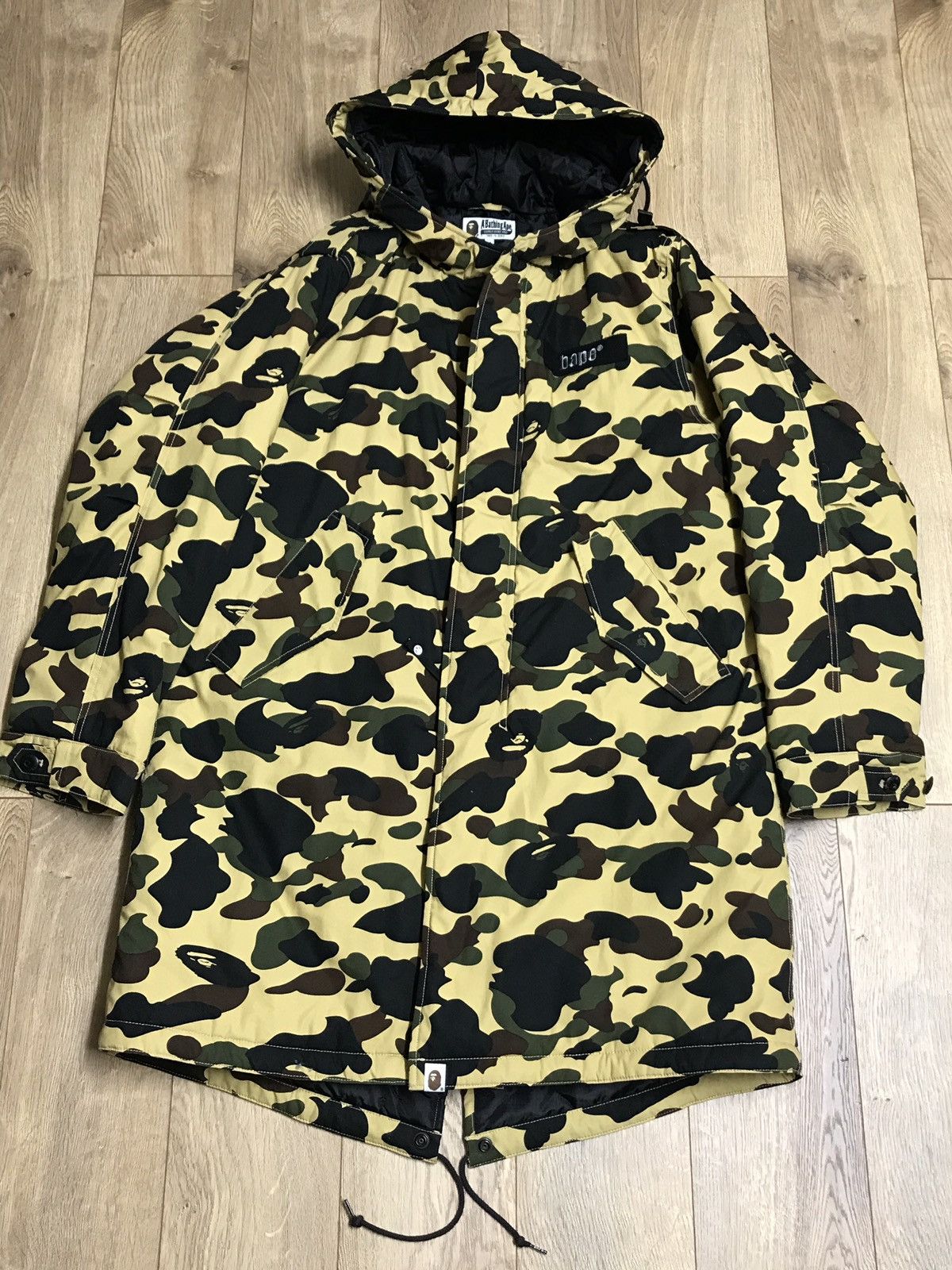 Bape Bape 1st Yellow Camo Down Trench Jacket | Grailed