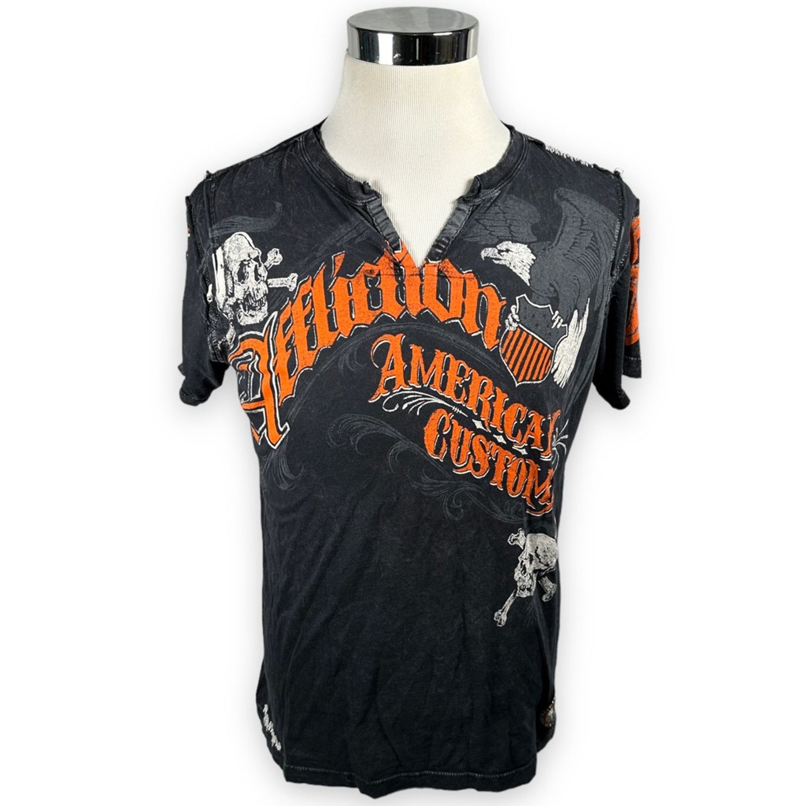 Affliction Affliction T-Shirt Black Orange American Customs USA Notch M ...