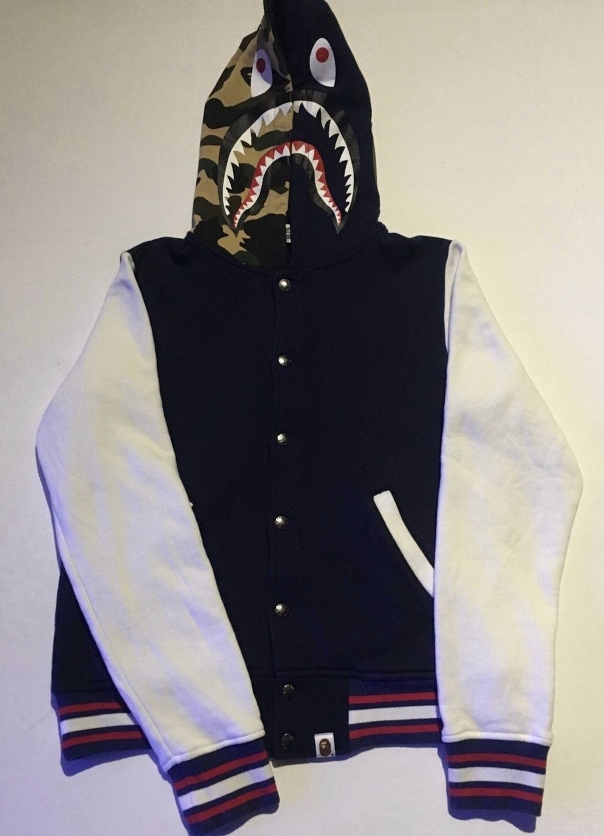 Bape Bape camo shark hoodie varsity bomber jacket | Grailed