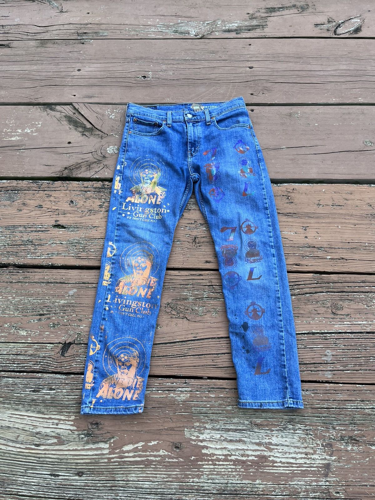 Custom × Levi's × Streetwear Up-Cycled Levi's 502 Gun Club Print Denim ...