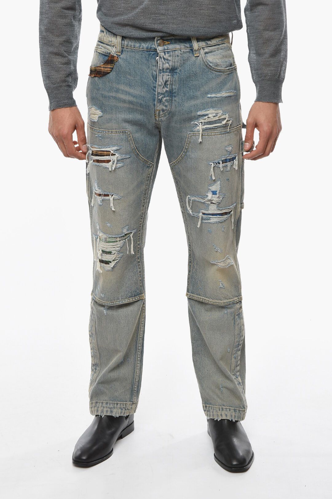 Amiri Distressed Carpenter Plaid-Checkered Flannel Patches Jeans | Grailed