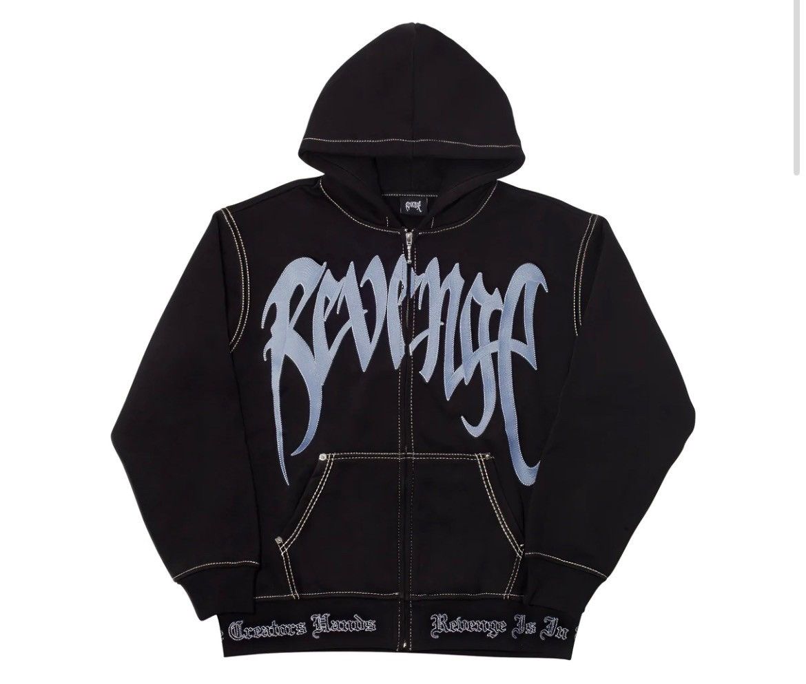 Revenge Revenge Blue-Black Contrast Embroidered Zip Hoodie | Grailed