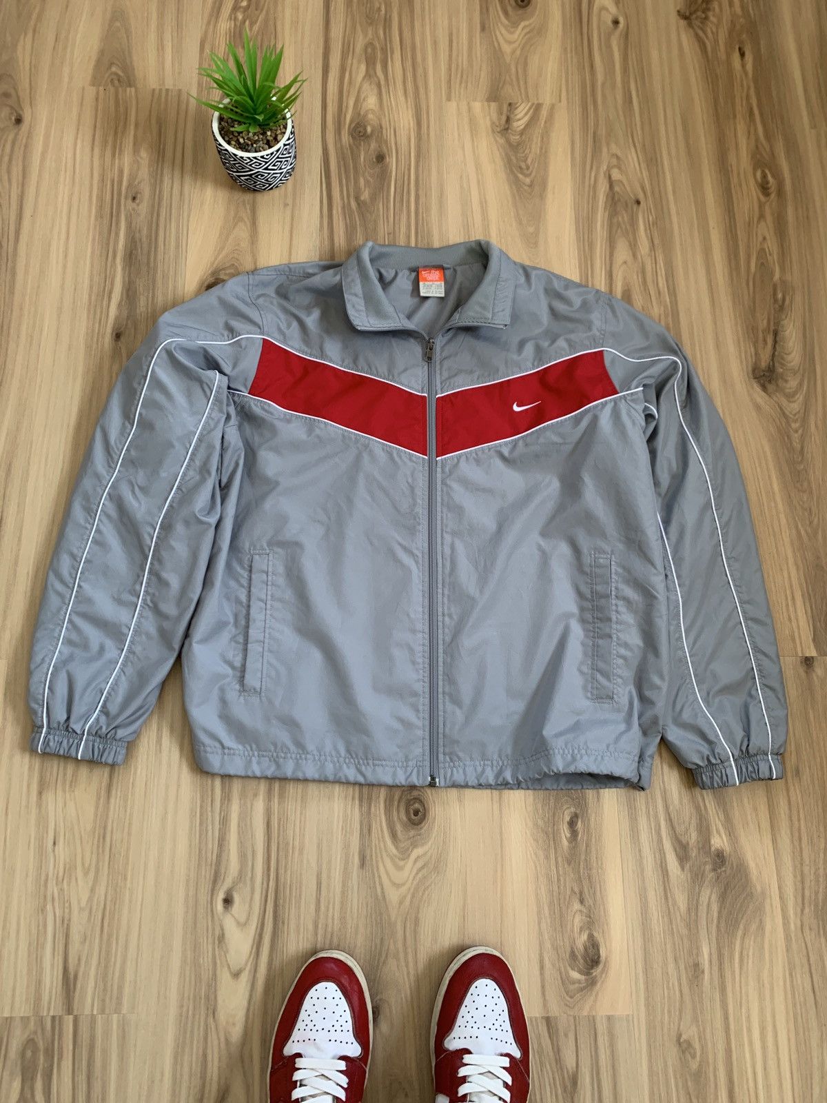 Nike × Vintage Zip Up Track Jacket Grey Red White Swoosh | Grailed