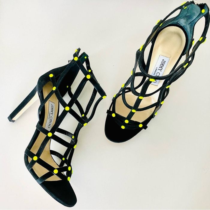 Jimmy Choo NEW JIMMY CHOO Black Yellow Studded Tina Caged Heel Sandals ...