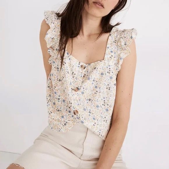 Madewell Madewell Linen Blend Ruffle Button Up Tank Top Floral Xl Grailed