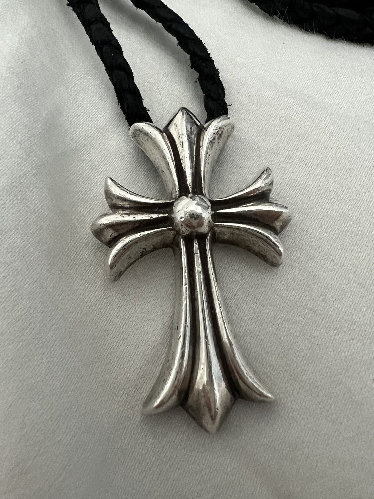 Chrome Hearts Chrome hearts small cross neckless w/. leather tip | Grailed