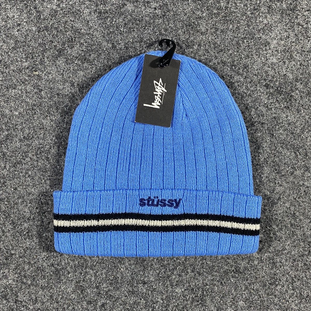 Vintage RARE STRIPE STUSSY BEANIE HAT BLUE | Grailed