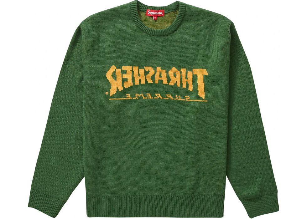 Supreme Supreme thrasher knit sweater green flipped logo | Grailed Supreme Supreme thrasher knit sweater green flipped logo | Grailed