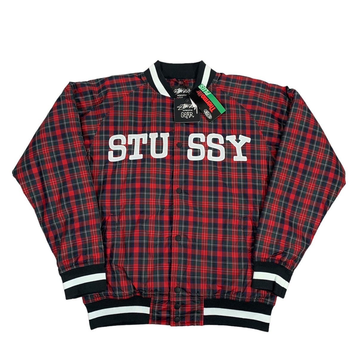 Stussy VTG Stussy Men's Red Plaid Spell Out Varsity Bomber Jacket | Grailed