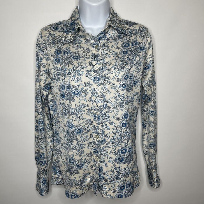 Vintage 70s White Blue Floral Polyester Disco Blouse Top | Grailed