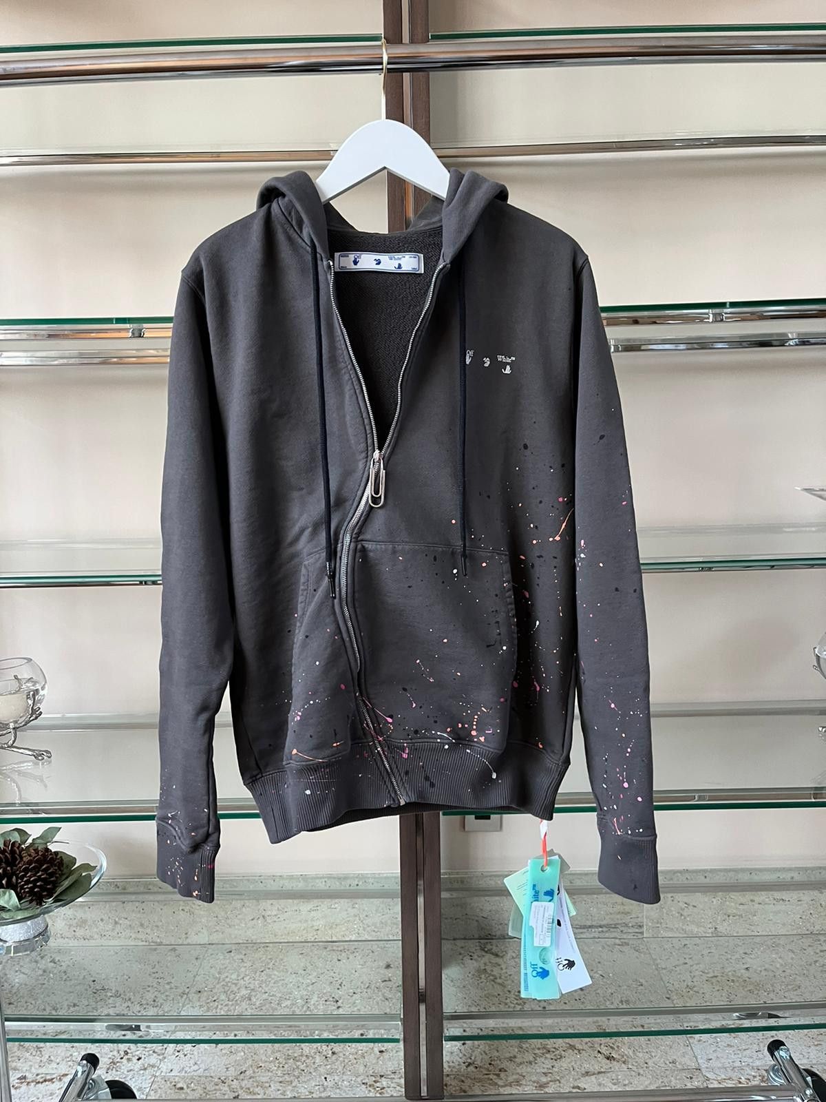 Off-White Asymmetric Paint Splatter Paperclip Zipper Hoodie | Grailed