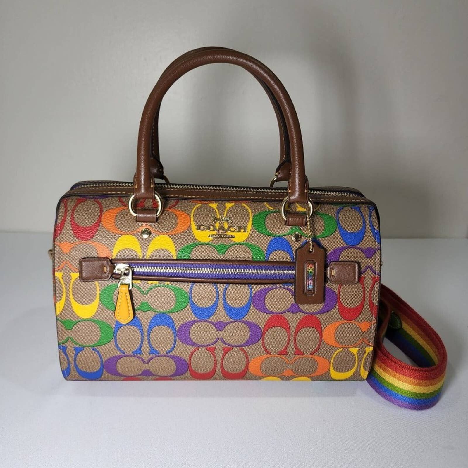 Coach NWT Coach CA615 Rowan Satchel Rainbow Signature Canvas Pride ...
