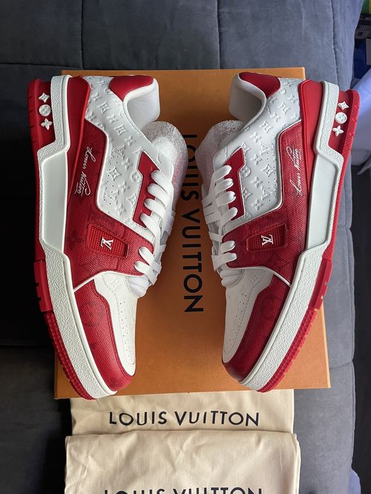 Louis Vuitton Louis Vuitton White Red Monogram Signature Trainer Sneaker | Grailed