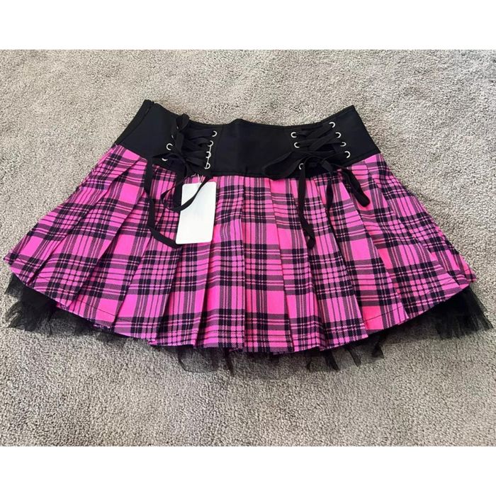 Vintage Lace up goth skirt, pink stripe pleated skirt, punk vintage ...