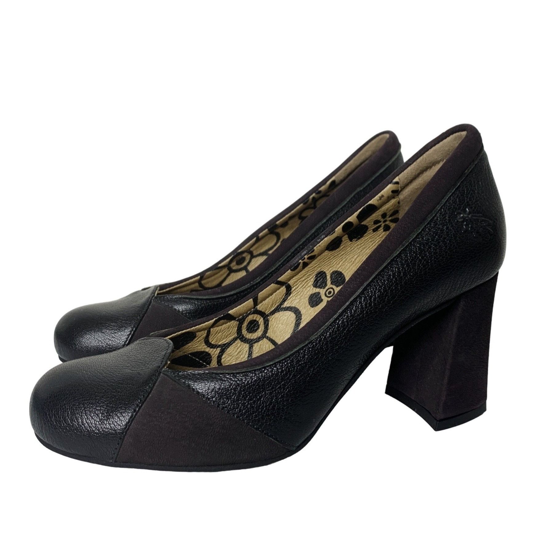 Fly London FLY LONDON Leather Black Pumps Block Heel Shoes Mixed Media ...