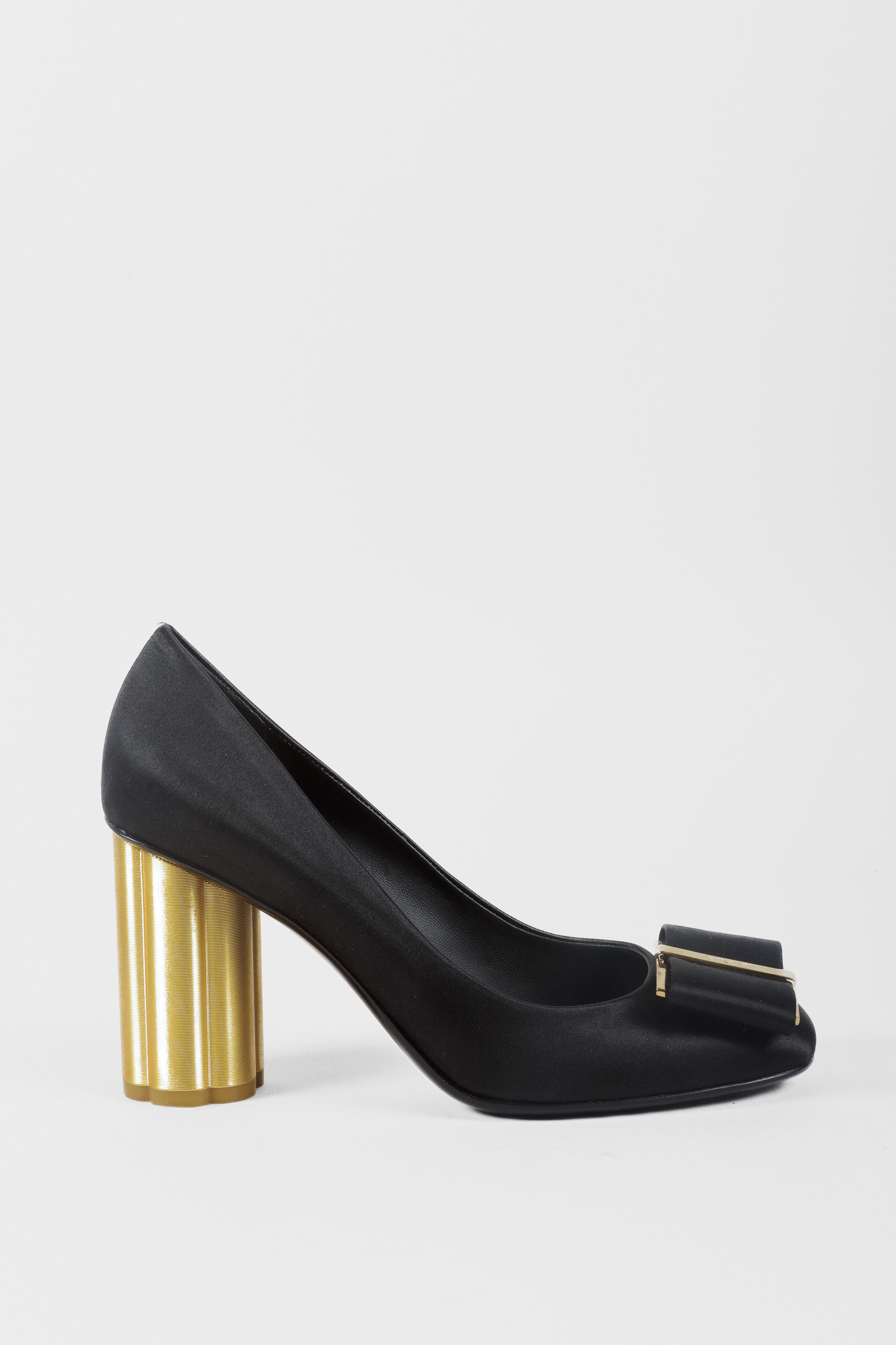 Salvatore Ferragamo Salvatore Ferragamo Gold Flower Heel Satin Pumps ...