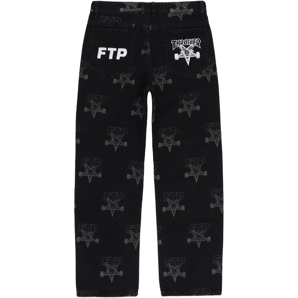 Thrasher FTP + THRASHER ALLOVER SKATEGOAT DENIM PANT (BLACK) | Grailed