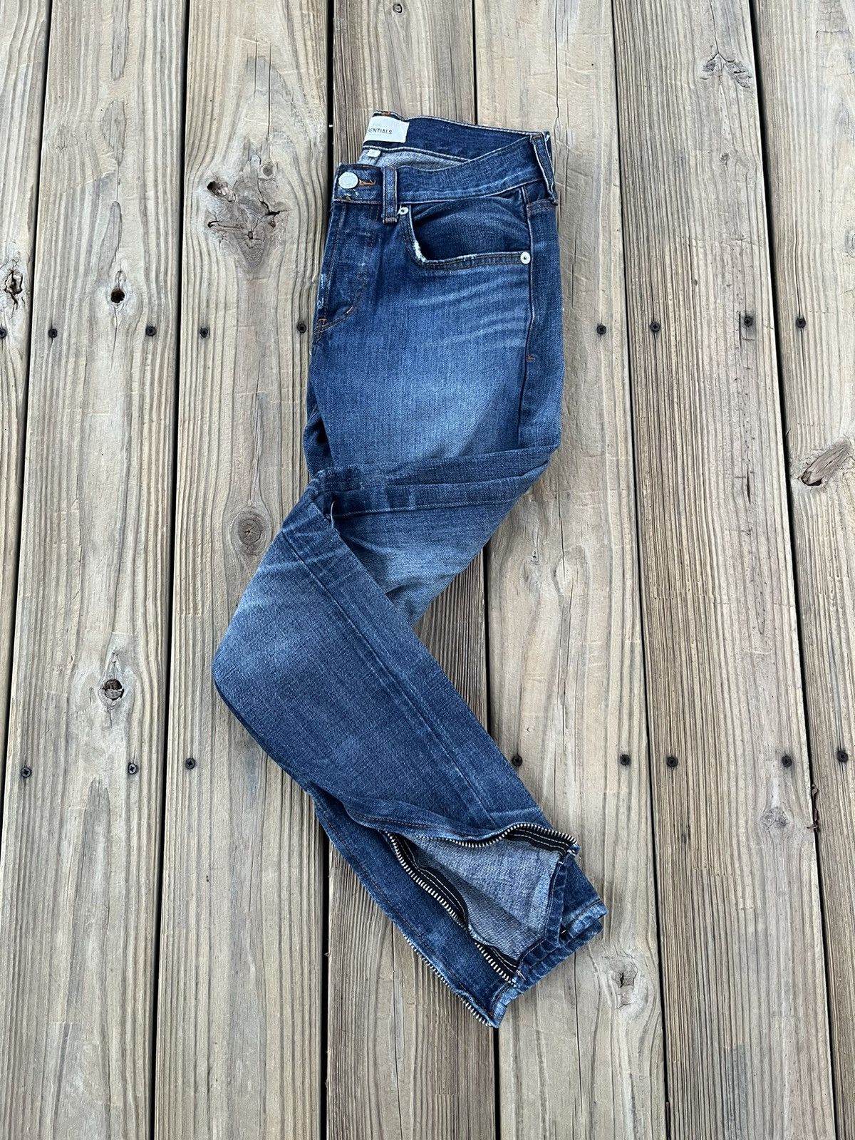 Essentials × Fear of God Fear of God Essentials Denim Distressed Indigo ...