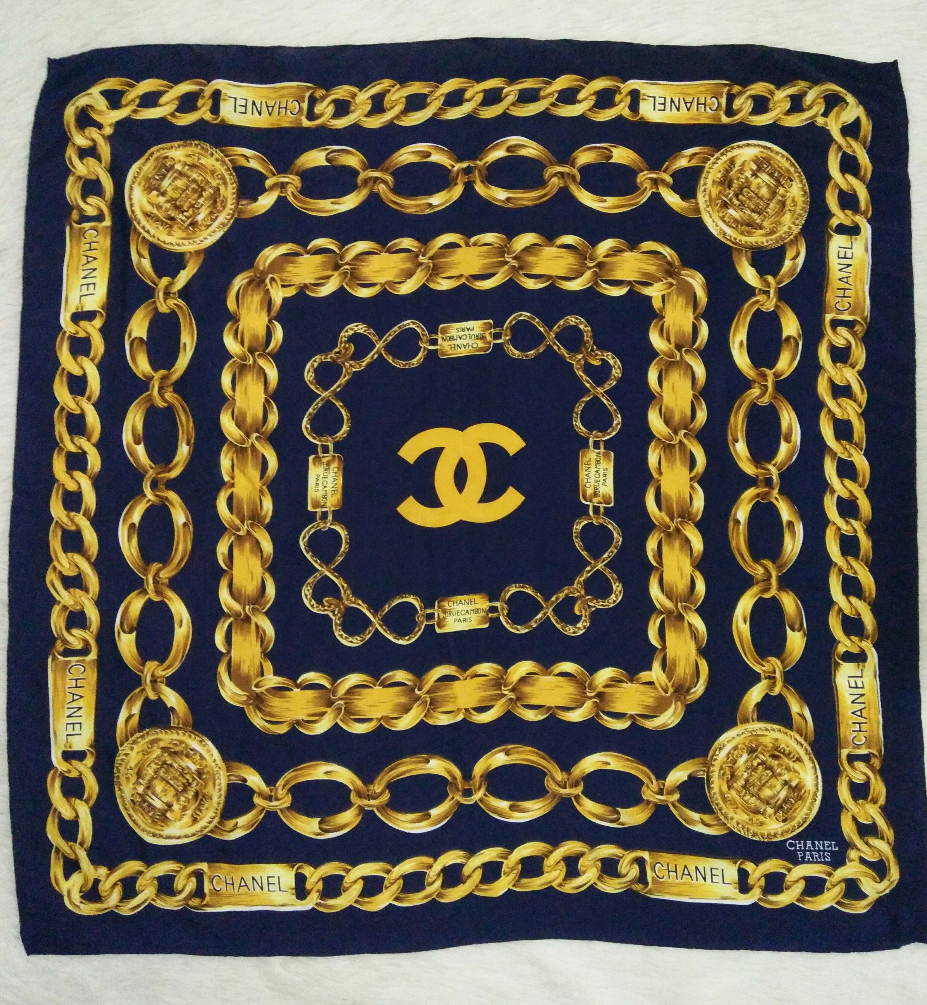 Chanel RARE VINTAGE CHANEL PARIS GOLD CHAINS LUXURY DESIGN SILK SCARF ...