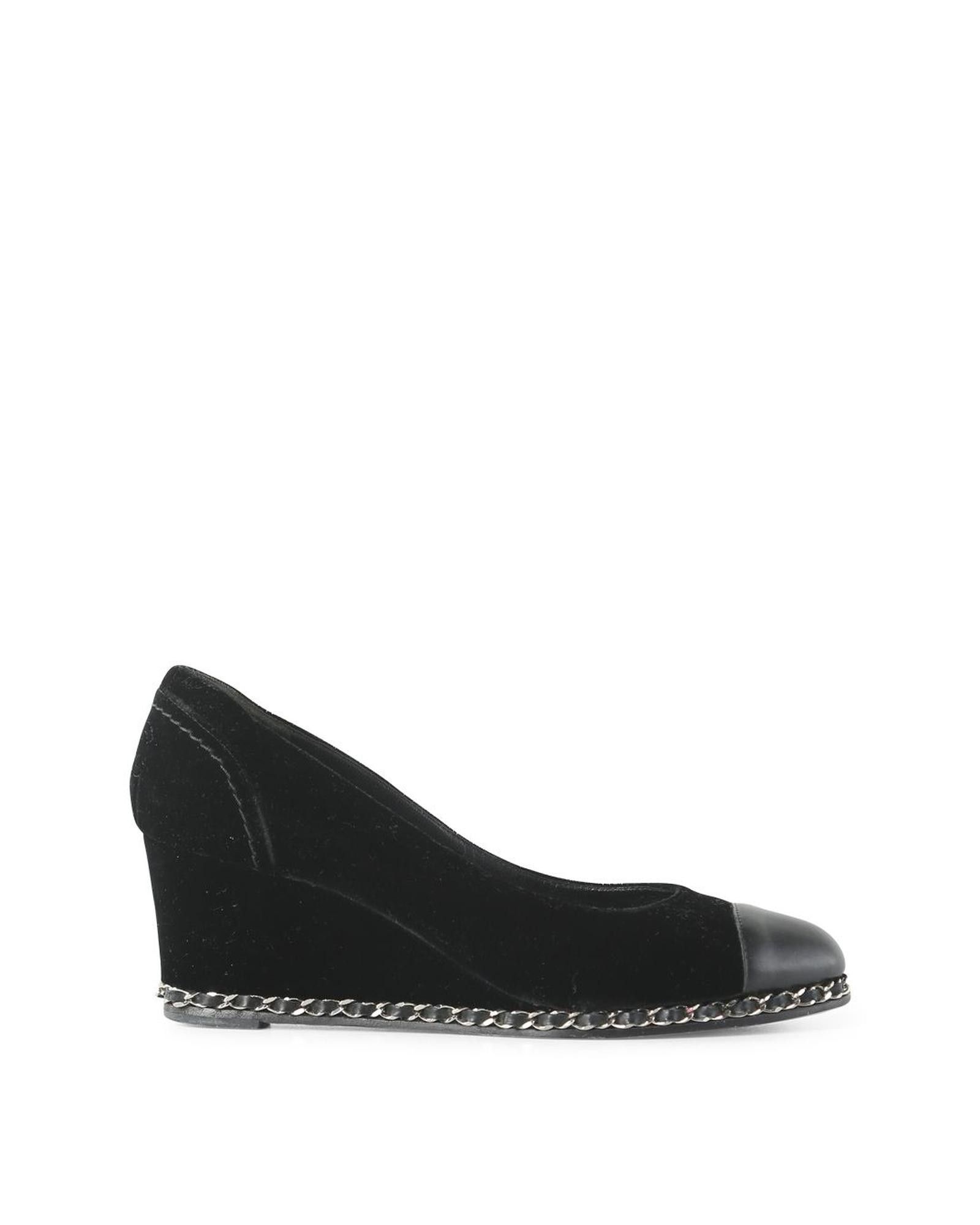 Chanel Chanel Black Velvet & Leather Chain Cap Toe Wedge Pumps | Grailed