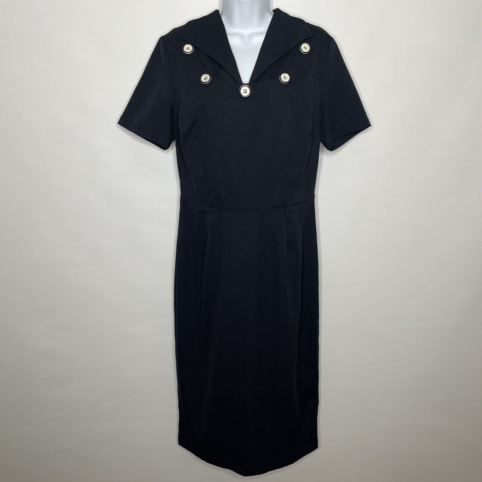 American Retro Bettie Page Retro 40s Navy Blue Nautical Button Wiggle ...