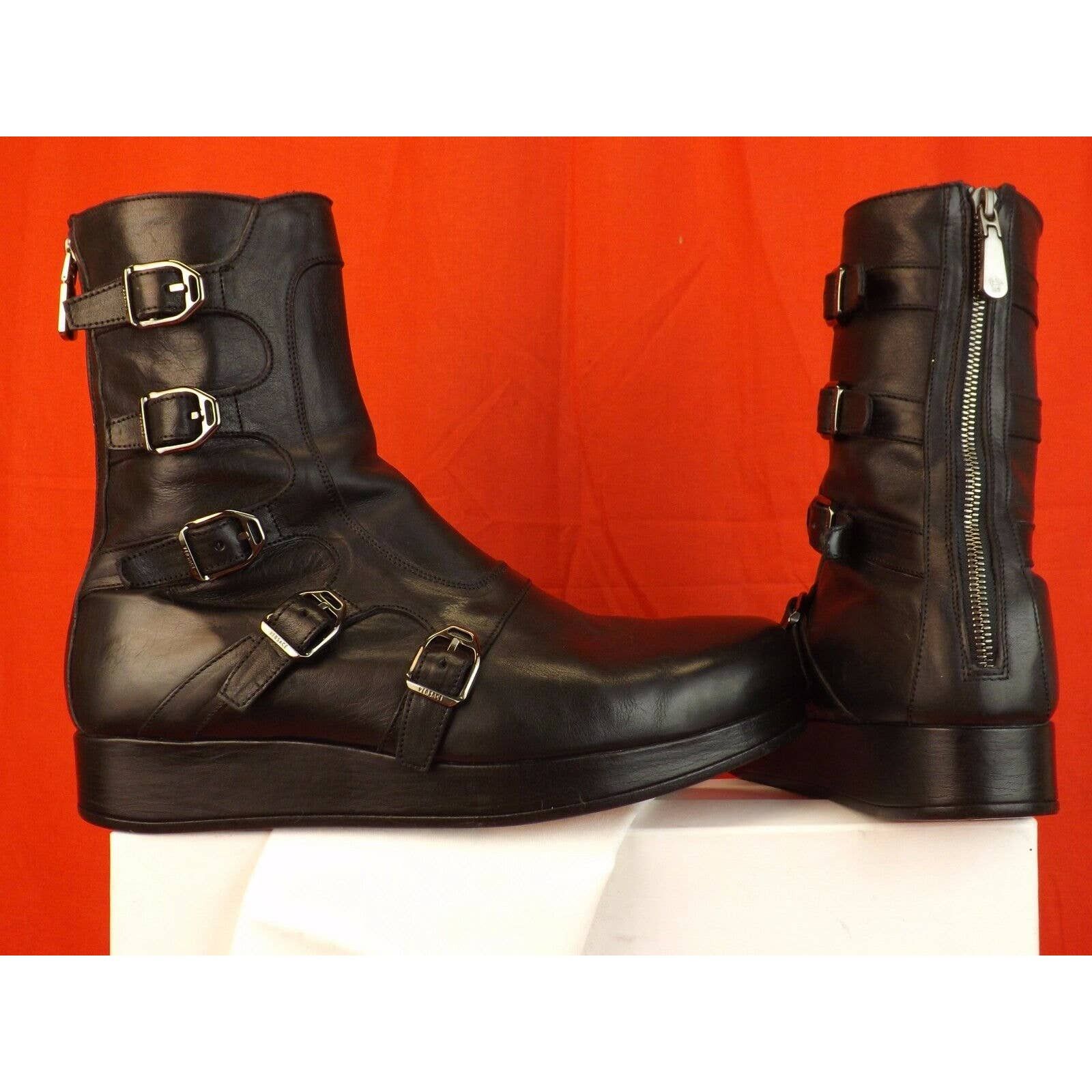 Versace BLACK LEATHER BELTED BUCKLES LOGO COMBAT PLATFORM BOOTS 45 ...