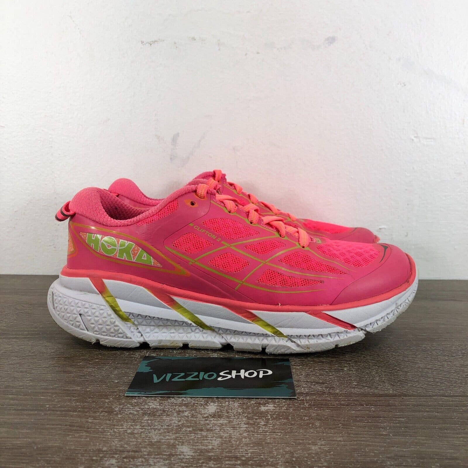 Hoka One One Hoka One One Clifton Neon Pink Green Running Shoes Women's ...