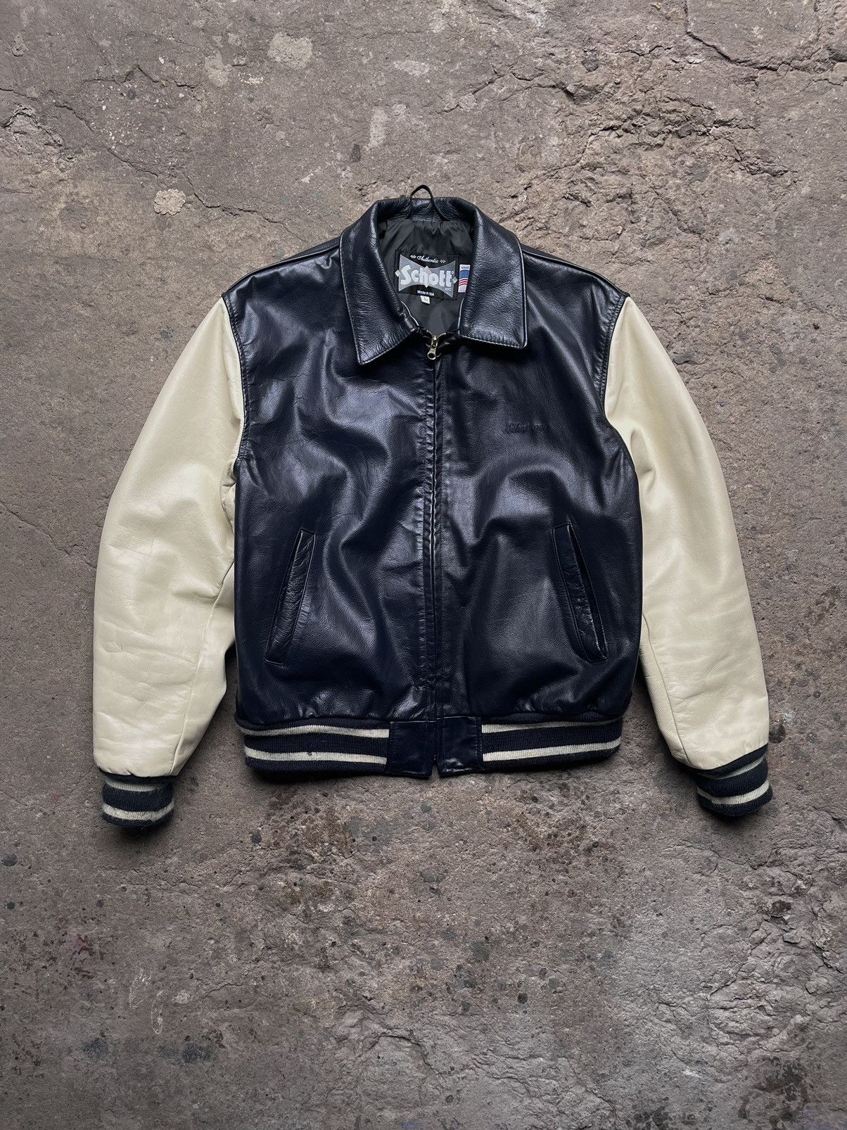 Schott Schott Vintage Leather Jacket Navy Cream 90s Made In USA | Grailed
