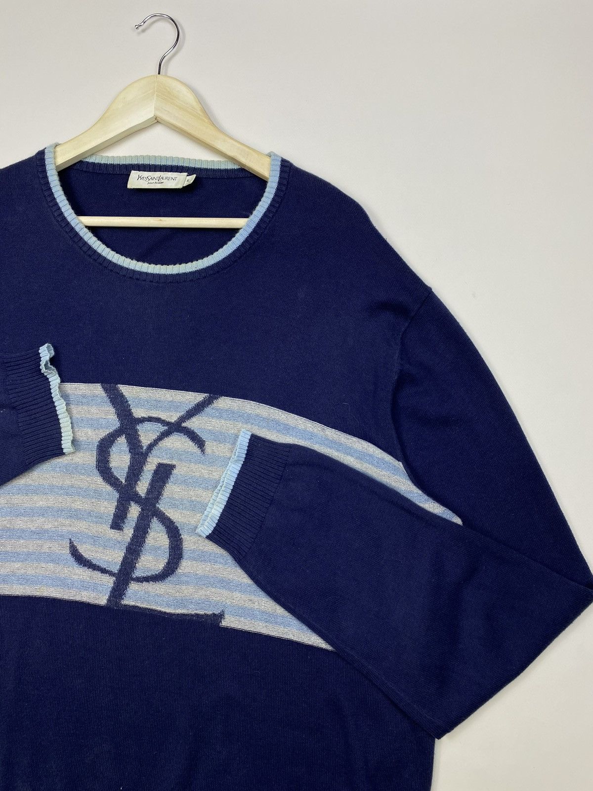 Vintage Yves Saint Laurent YSL Sweater Navy Big Logo | Grailed