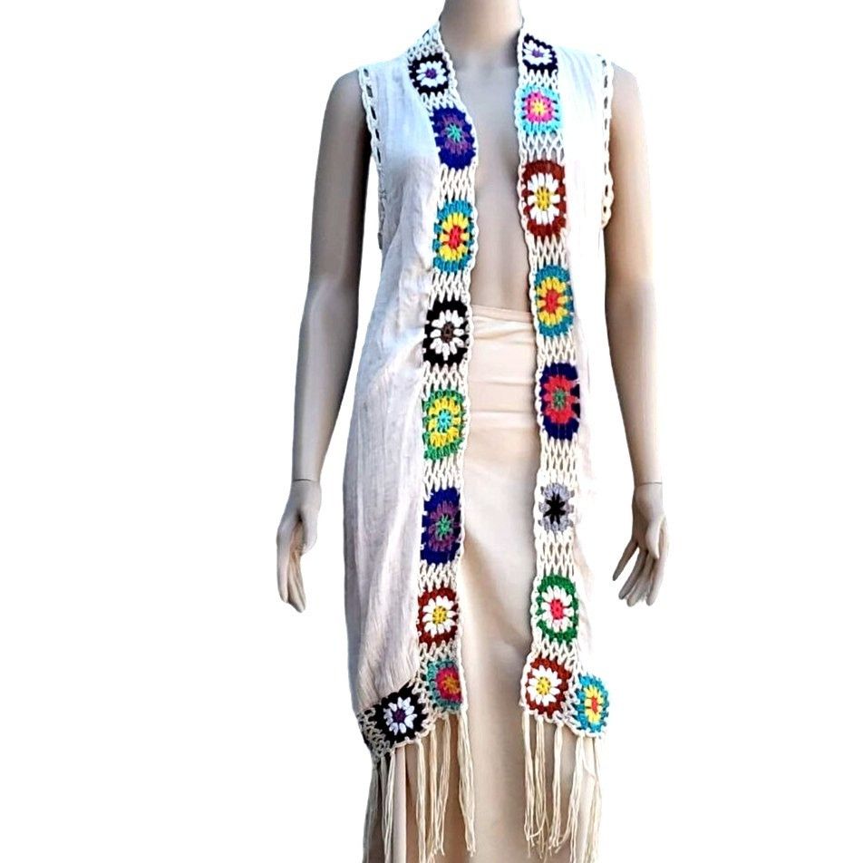 Designer Duster Vest Long Crochet S M Granny Square Daisy Jones Fest ...