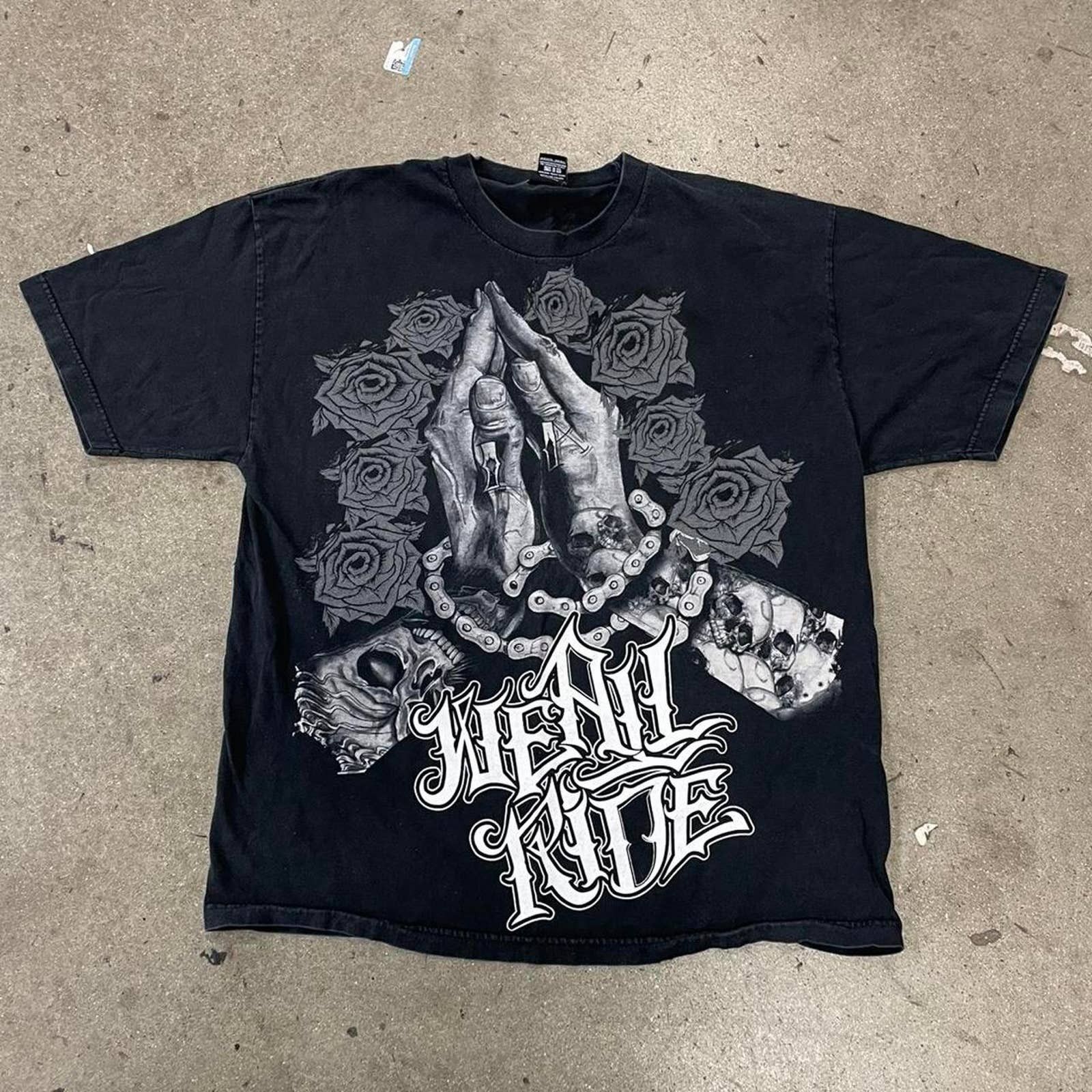 Vintage Vintage we all ride floral chained praying tattoo goth tee ...