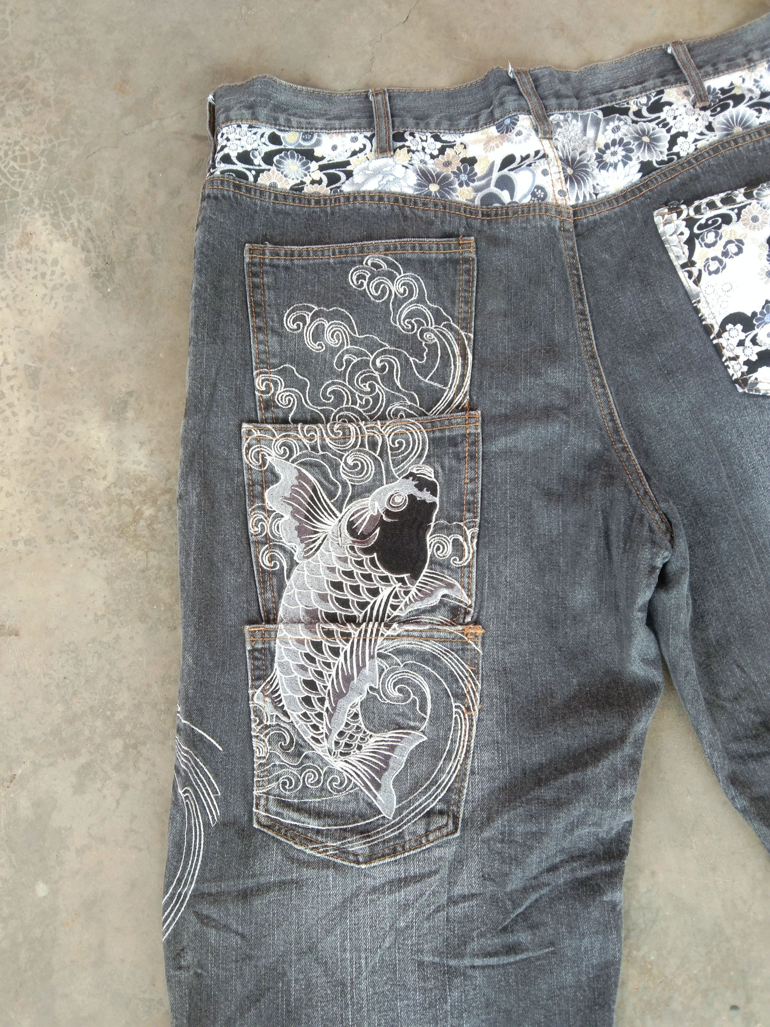 Vintage Embroidered Japan Jeans Koi Fish Multipockets Denim 38x28.5 ...