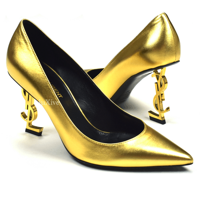 Saint Laurent Paris Saint Laurent Gold YSL Logo Heel Opyum Pumps | Grailed