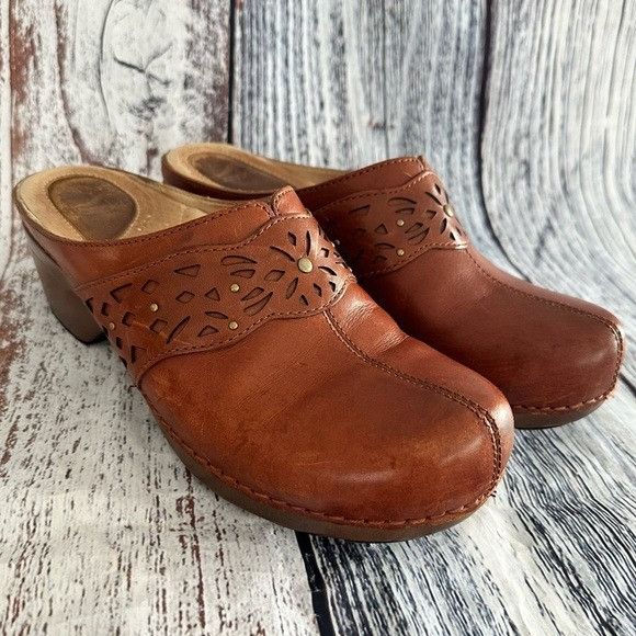 Dansko Dansko Shyanne Tan Leather Lasercut Backless Clogs | Grailed