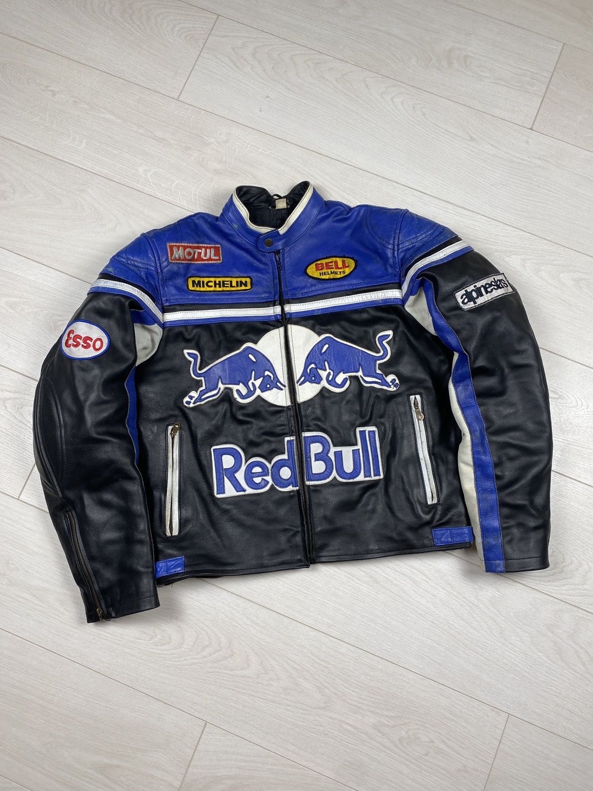 Red Bull × Vintage Red Bull Vintage Moto Racing Leather Jacket 90s Blue ...