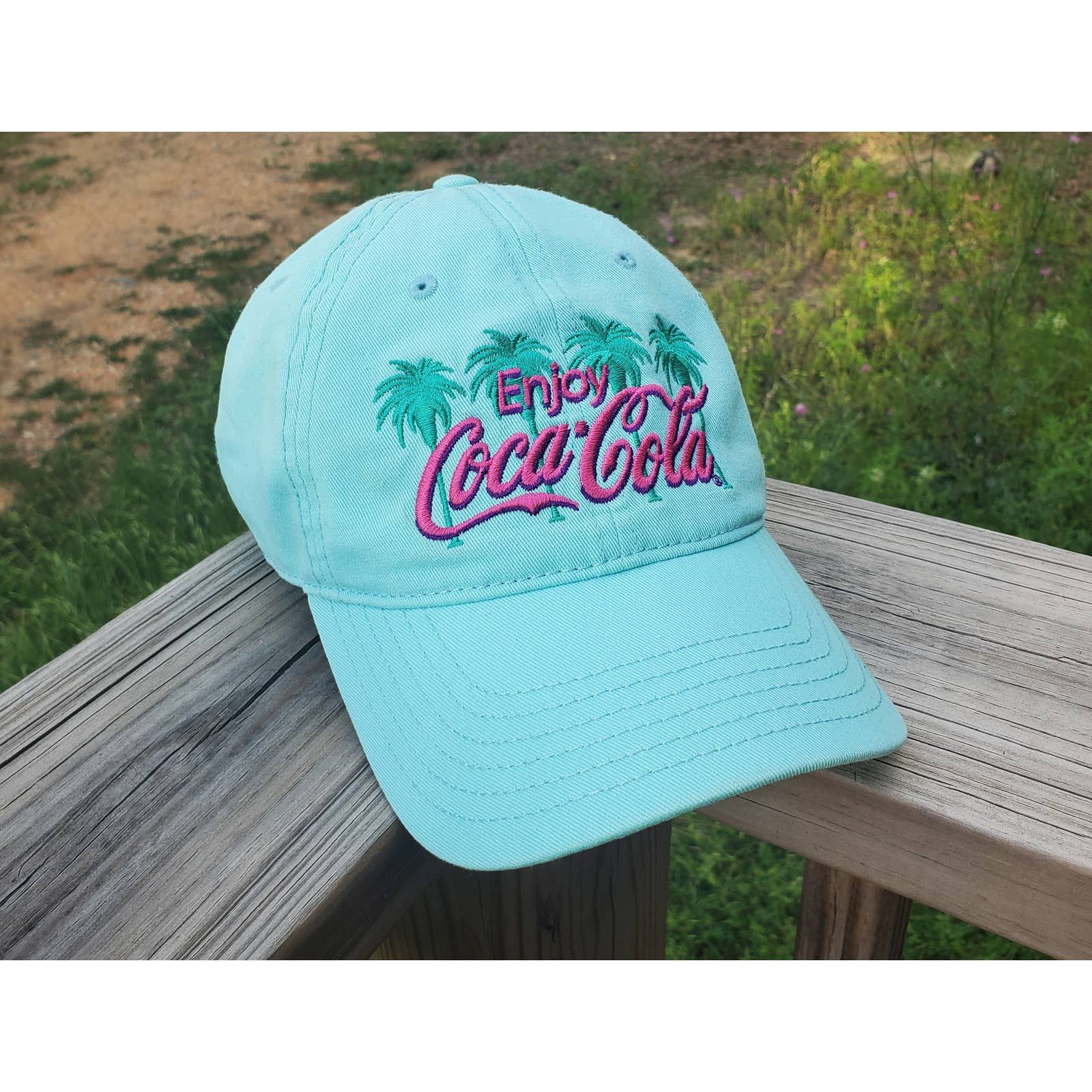 Coca Cola Enjoy Coca Cola Soda Beach Pink Palm Tree Teal Dad Cap Hat ...