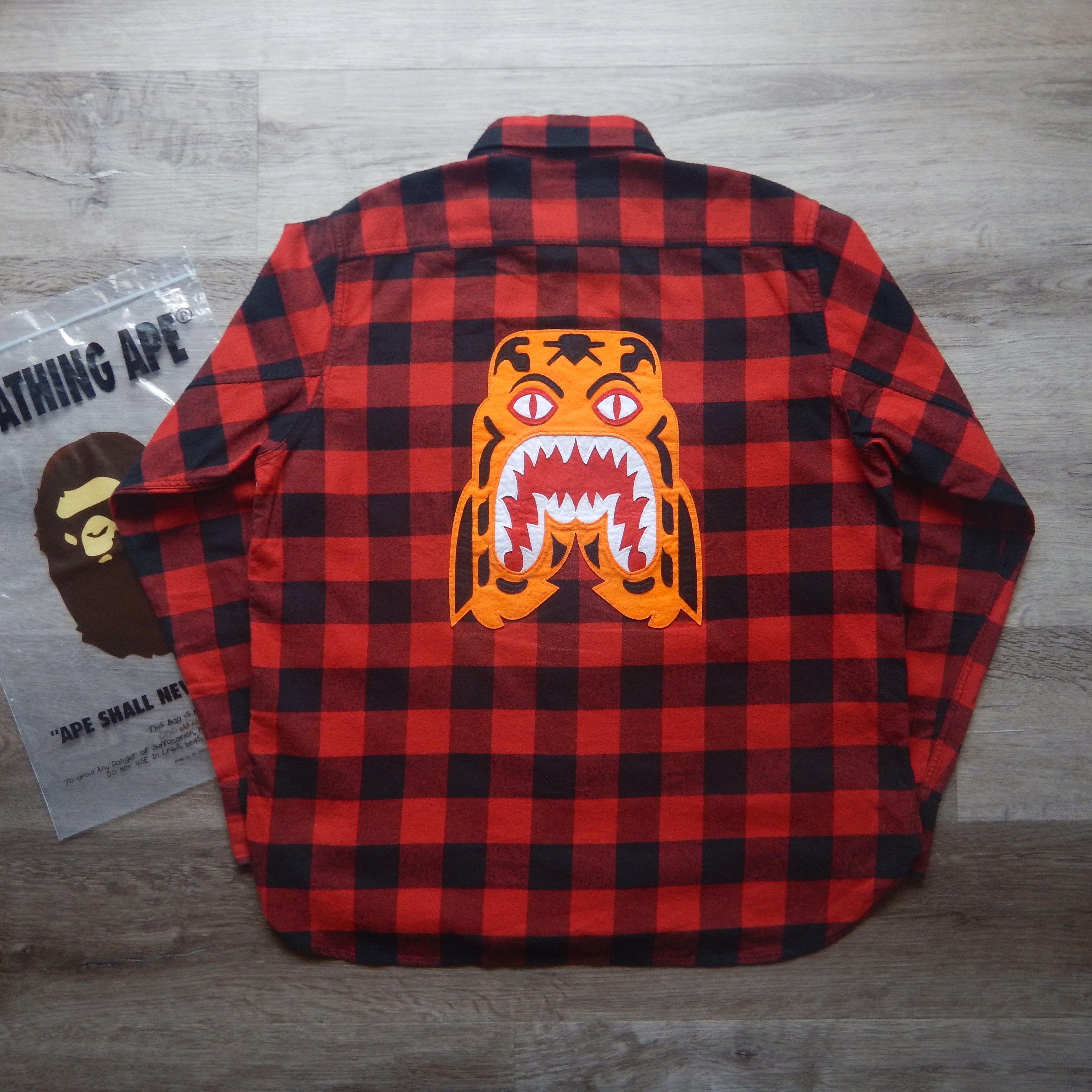 Bape Bape Red/Black Tiger Shark Embroidery Flannel | Grailed