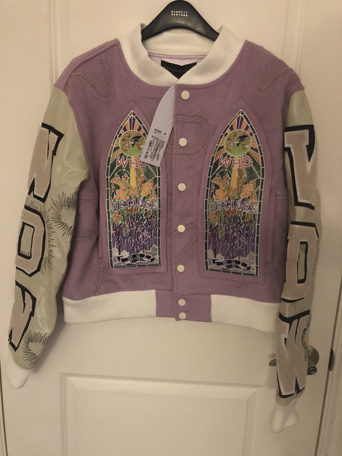 Who Decides War Pink namesake varsity jacket | Grailed